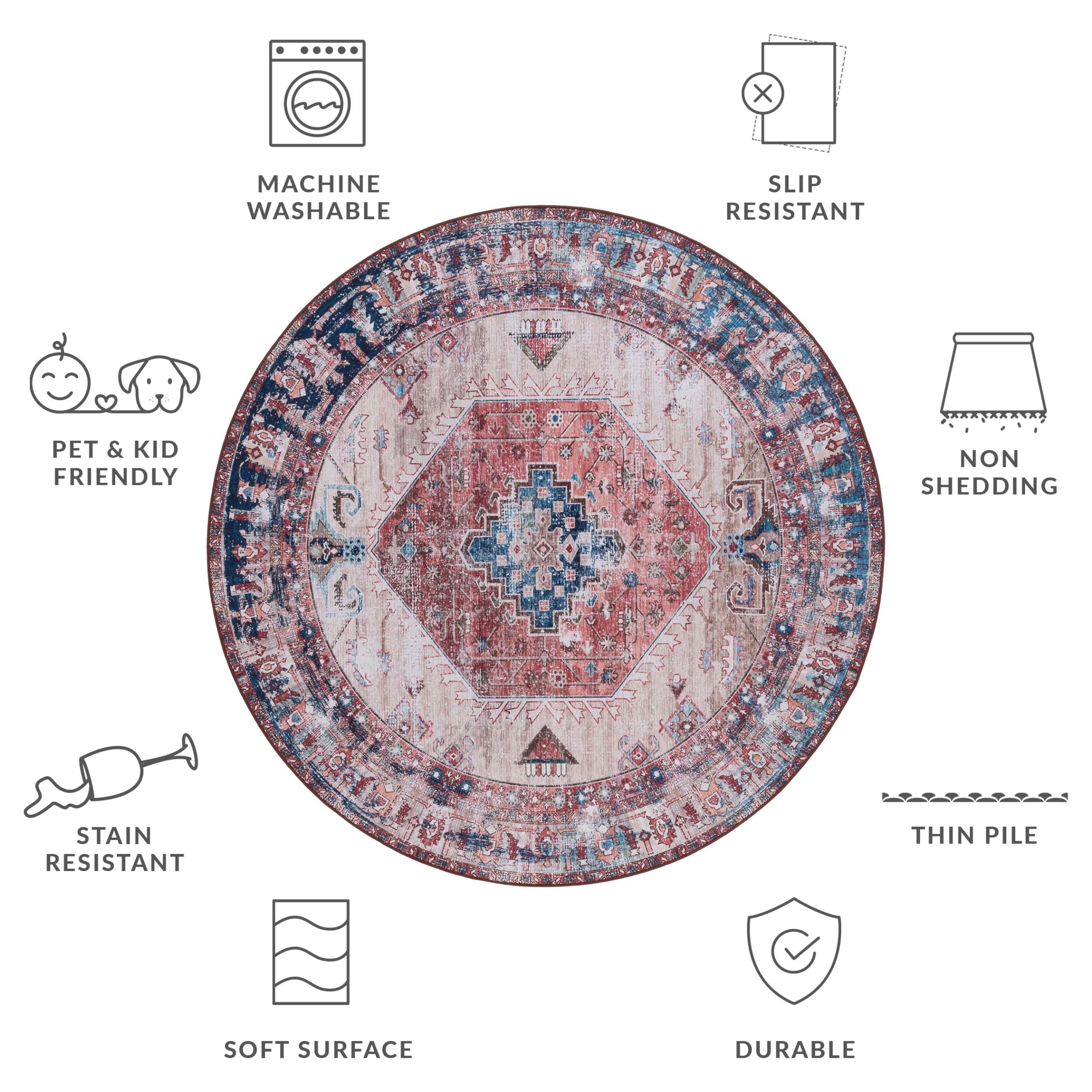 SAFAVIEH Tucson Collection Area Rug - 6' Round, Beige & Rust, Persian Design, Machine Washable & Slip Resistant, Ideal for High Traffic Areas in Living Room, Bedroom, Dining (TSN155B-6R)