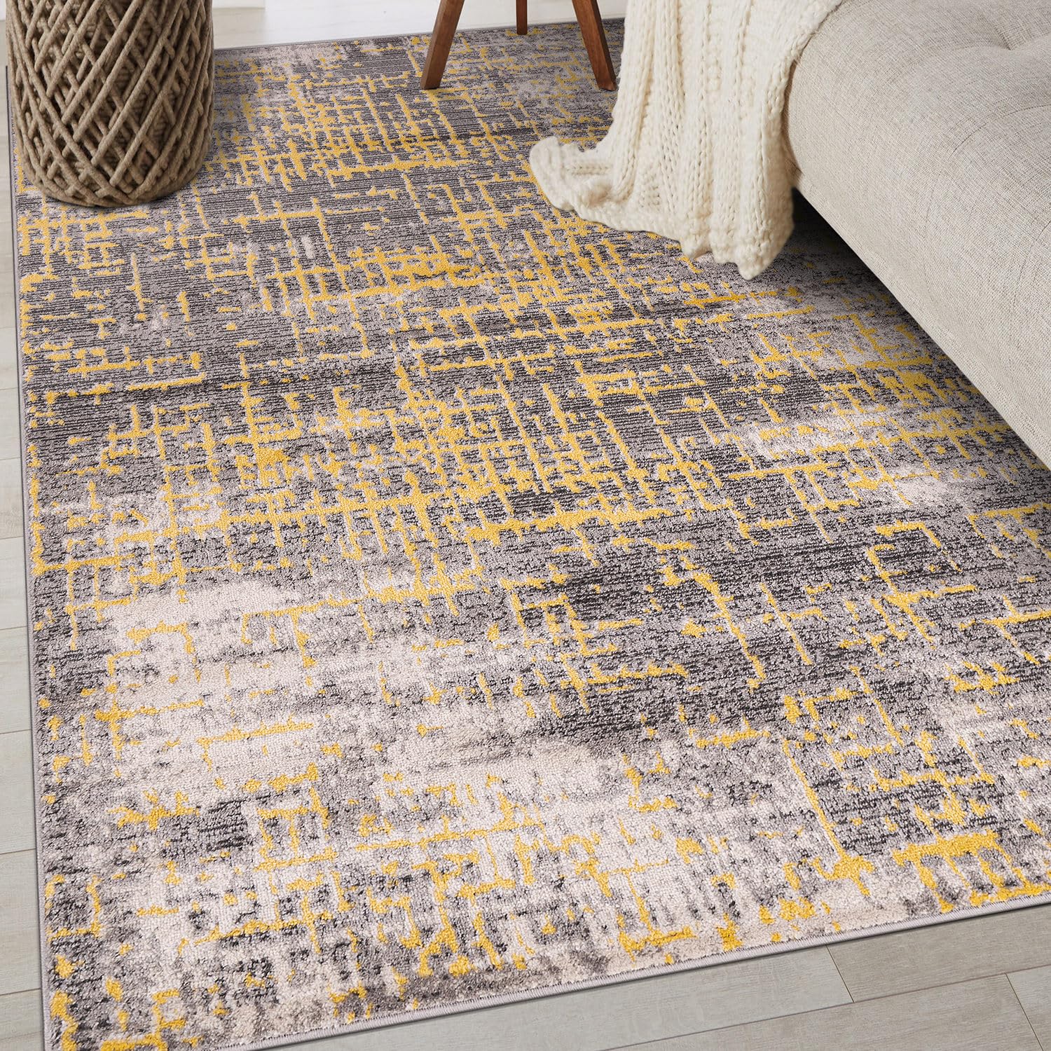 Rugshop Distressed Abstract Design Non Shedding Soft Ideal for Living Room,Bedroom,Kitchen Area Rug 5' x 7' Yellow