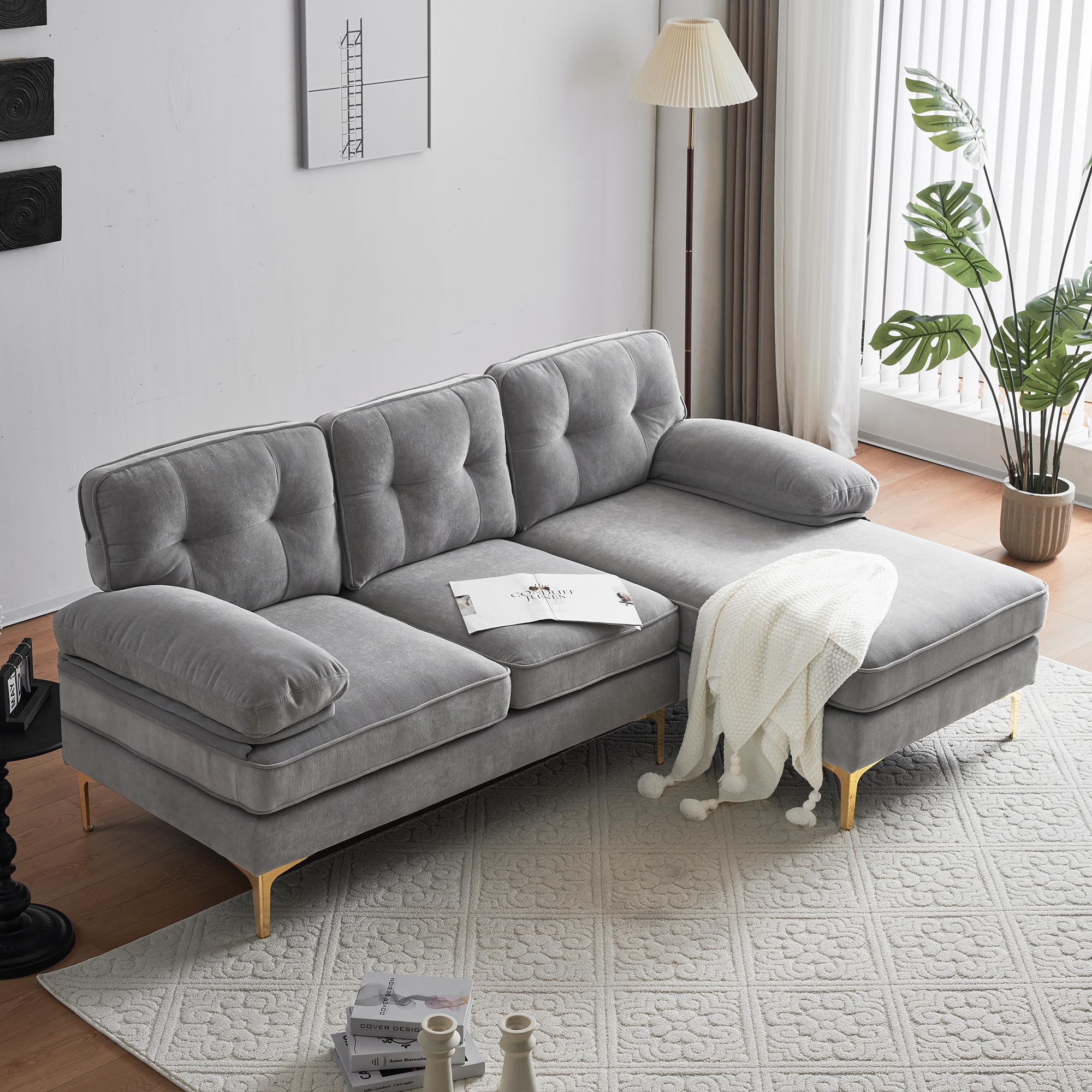 P PURLOVE Modern 3 Seater Sectional Sofa, L Shape Sofa with Comfortable Soft Back and Armrest, Modern Luxury Velvet Couch with Strong Metal Legs for Living Room Bedroom (Light Grey)