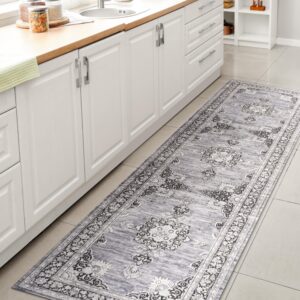 jonathan y wsh201a-28 bausch bohemian distressed chenille machine-washable runner rug, classic, mediterranean, rustic for living room, dining room, bedroom, kitchen, gray/white, 2 x 8