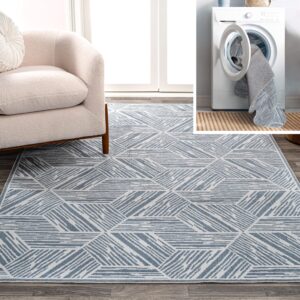 jonathan y wsh313a-4 vector modern coastal geometric machine-washable area rug, contemporary, minimalist, casual, transitional for living room, dining room, bedroom, kitchen, blue/cream, 4 x 6