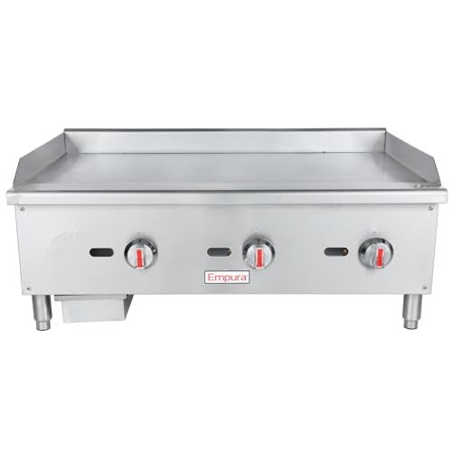 EMPURA 36" 3-Burner Countertop Gas Griddle | Flat Top Grill Hot Plate with Thermostat Control for Food Truck Restaurant | 90,000 BTU | 18"H x 36"W x 31"D, Stainless Steel (LP Conversion Kit Included)