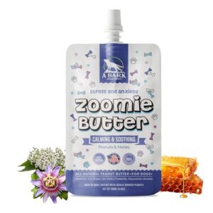 zoomie butter stress & anxiety dog peanut butter squeeze supplement, all natural calming dog treat. human grade & safe puppy food, passion flower for separation anxiety, behavior aid, usa grown & made