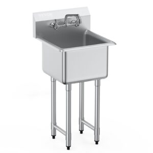 vevor stainless steel sink, 1 compartment free standing small sink include faucet & legs, 18"x41" commercial single bowl sinks for garage, restaurant, kitchen, laundry, nsf certified