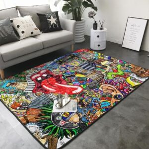 modern aesthetic area rugs 5x7 feet, colorful graffiti music art abstract extra large soft flannel carpet 58"x80" anti-skid doormat floor rugs mat pad for bedroom kitchen nursery office