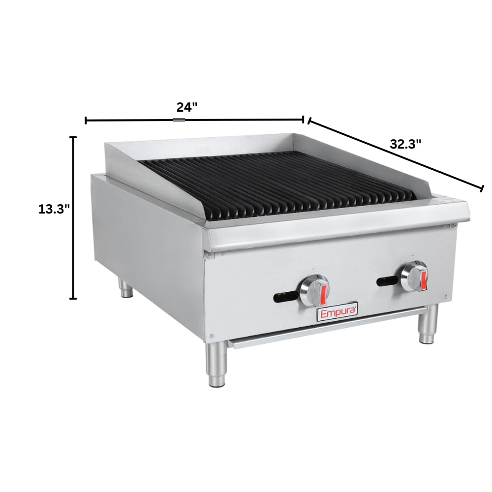 EMPURA 24" Countertop Gas Radiant Charbroiler | Commercial Char-Grill Broiler for Buffet Food Truck | (2) Burners, 60,000 BTU | 24"W x 32.3"D x 13.3"H, Stainless Steel (Includes: LP Conversion Kit)