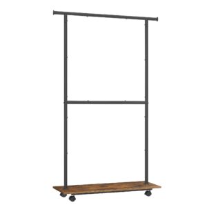 songmics clothes rack with wheels, middle rod clothing rack for hanging clothes, 38.8 inches garment rack with shelf, height adjustable, loads up to 121 lb, rustic brown and ink black uhsr153b01