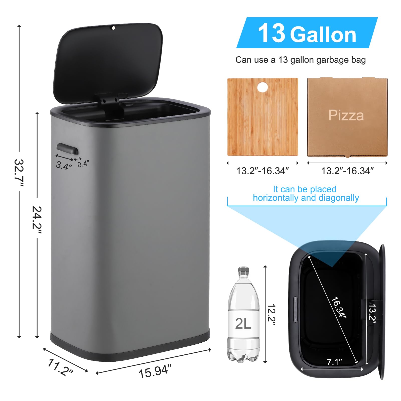 WELYFE 13 Gallon SensorCan, Kitchen Trash Can with Lid, Sensor-Activated Lid Garbage Bin for Home, Office, Slim Space-Saving, Battery not Included, Grey