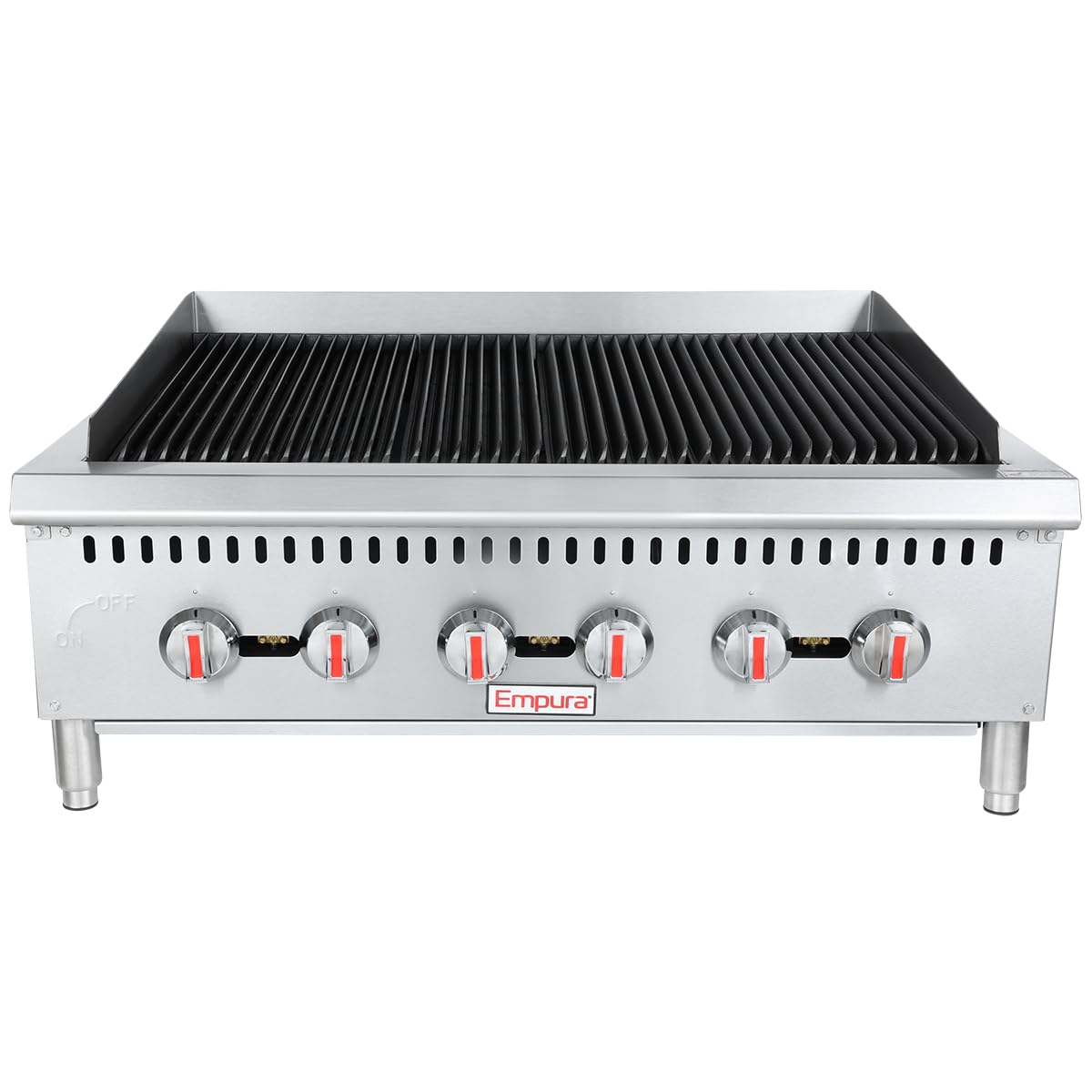 EMPURA 36" Countertop Gas Radiant Charbroiler with Reversible Cast-Iron Grate for Buffet Food Truck | (3) Burners, 90,000 BTU | 36"W x 32.3"D x 13.3"H, Stainless Steel (Includes: LP Conversion Kit)