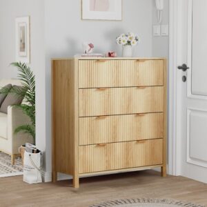 Mid-Century 4 Drawers Bedside Table Storage Cabinet, Modern Nightstand with 4 Drawer and Solid Wood Legs, Contemporary Tall Dresser, Mid Century Nightstand with 4 Drawer Dresser for Bedroom (Natural)