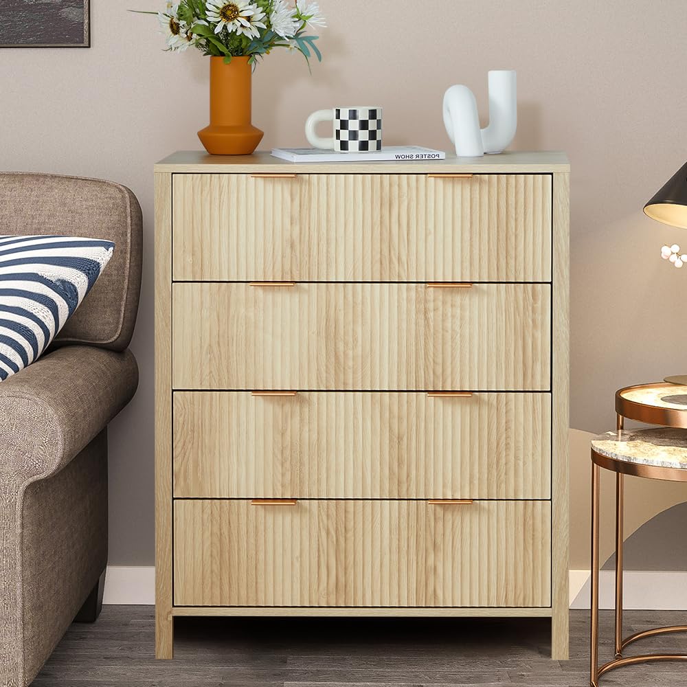 Mid-Century 4 Drawers Bedside Table Storage Cabinet, Modern Nightstand with 4 Drawer and Solid Wood Legs, Contemporary Tall Dresser, Mid Century Nightstand with 4 Drawer Dresser for Bedroom (Natural)