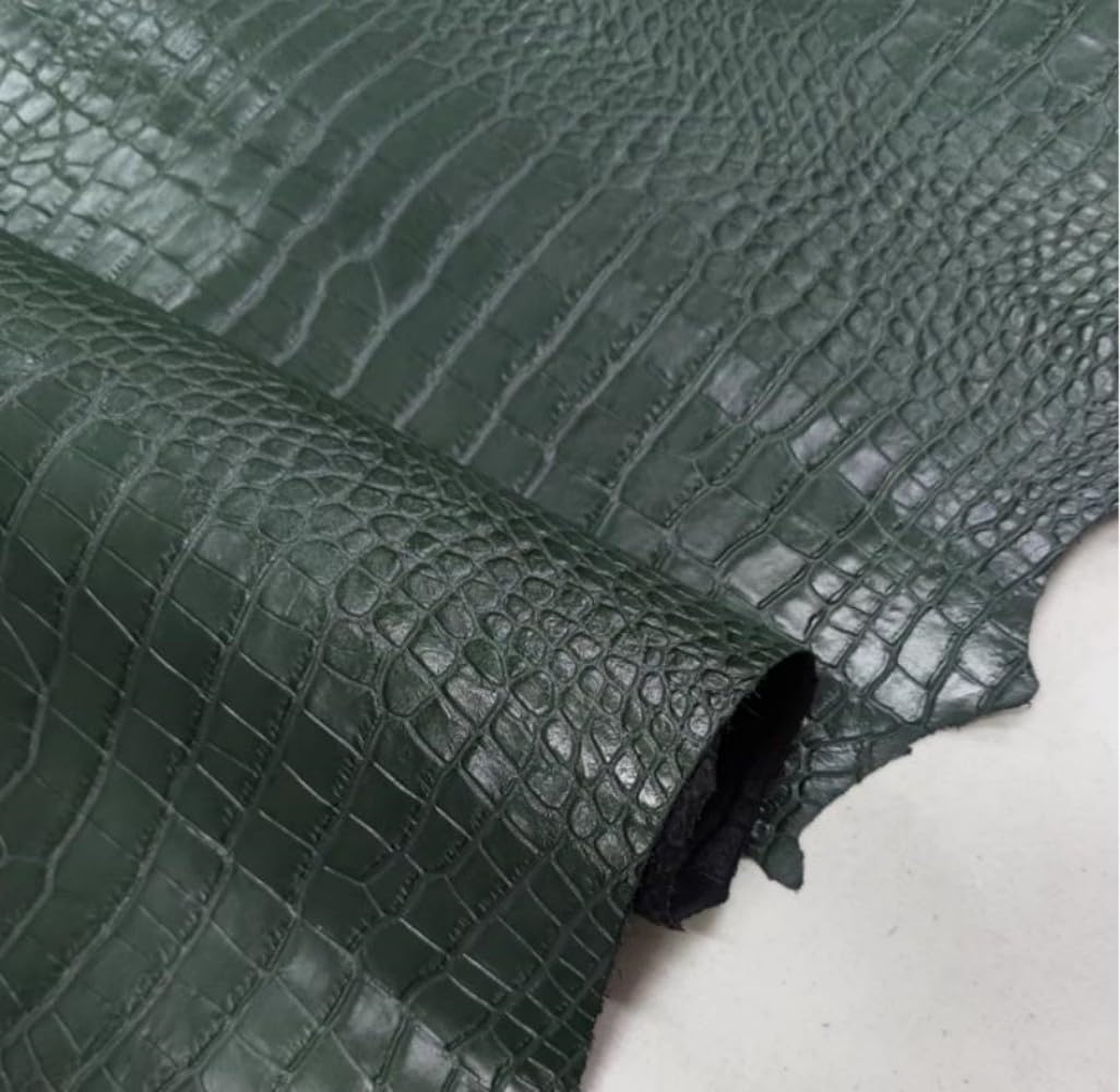 Aibote Genuine Cow Hide Leather Sheets Dark Green Crocodile Print Cowhide Rug Skins DIY Crafts Material(5 Square Feet，Irregular Shape)