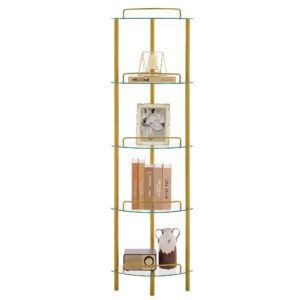 favoosty 5-tier corner shelf stand, gold corner bookshelf, bathroom organizer, plant stand, tempered glass shelves, modern style for living room, bedroom, kitchen, home office, metallic gold