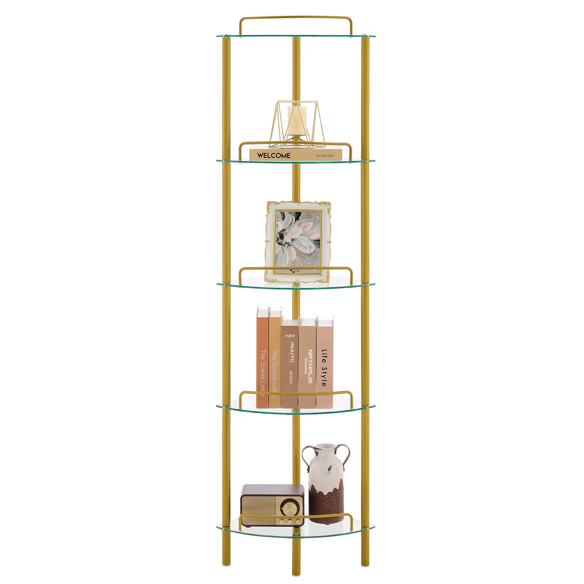 FAVOOSTY 5-Tier Corner Shelf Stand, Gold Corner Bookshelf, Bathroom Organizer, Plant Stand, Tempered Glass Shelves, Modern Style for Living Room, Bedroom, Kitchen, Home Office, Metallic Gold