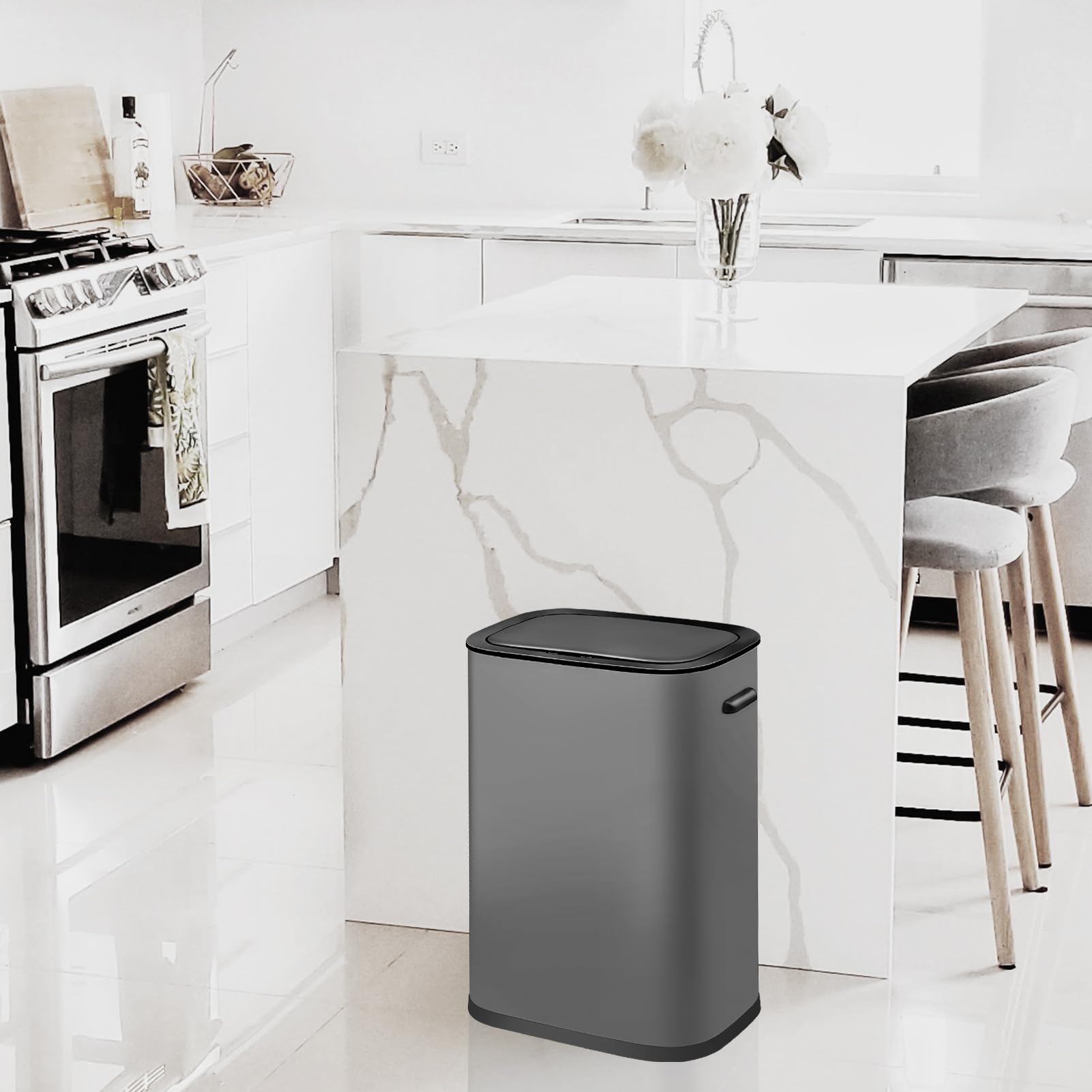 WELYFE 13 Gallon SensorCan, Kitchen Trash Can with Lid, Sensor-Activated Lid Garbage Bin for Home, Office, Slim Space-Saving, Battery not Included, Grey