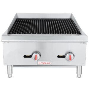 empura 24" countertop gas radiant charbroiler | commercial char-grill broiler for buffet food truck | (2) burners, 60,000 btu | 24"w x 32.3"d x 13.3"h, stainless steel (includes: lp conversion kit)