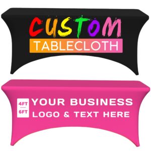 custom table cloth cover with business logo text, personalized stretch spandex table cloth for business tradeshow events, customized table cloth for birthday wedding anniversary decoratio (6ft)