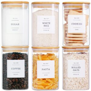 czzgsm 6 pack square glass kitchen storage jars with airtight bamboo lids and 132 pantry labels - 35oz glass canisters with wood lids - glass food storage containers for coffee, cookie, tea, spice