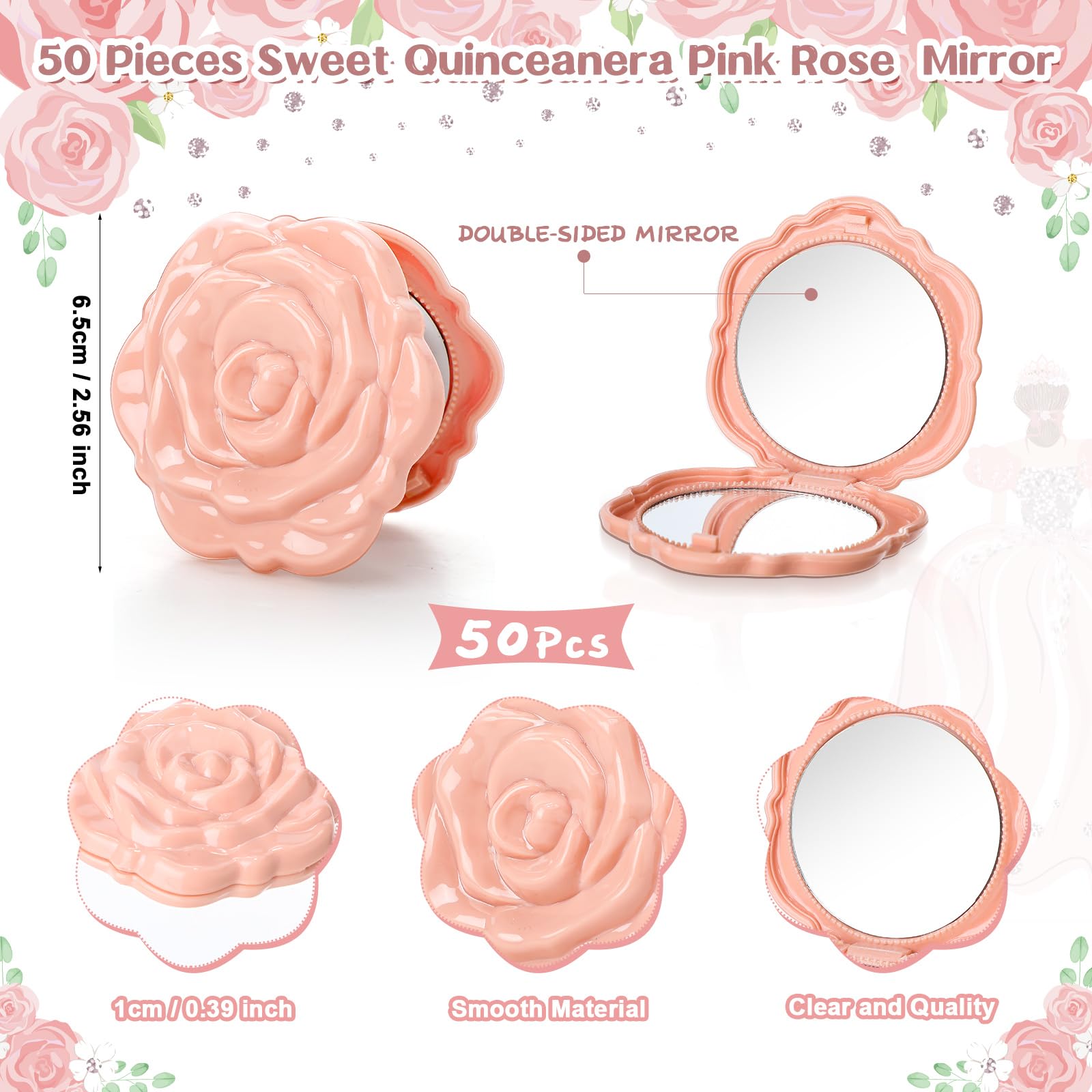 Wenqik 50 Sets Quinceanera Party Favors for Guests 50 Rose Design Compact Pocket Mirrors 50 Quinceanera Cards Thank You Gift and Organza Bags Sweet 15 Mis Quince Birthday Sweet Party Favor(Pink)