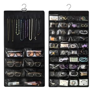 double-sided hanging jewelry organizer with 48 pockets and 8 hooks – versatile accessories holder for earrings, necklaces, rings, glasses – wall, door, or closet mounted jewelry hanger.