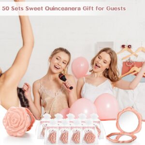 Wenqik 50 Sets Quinceanera Party Favors for Guests 50 Rose Design Compact Pocket Mirrors 50 Quinceanera Cards Thank You Gift and Organza Bags Sweet 15 Mis Quince Birthday Sweet Party Favor(Pink)