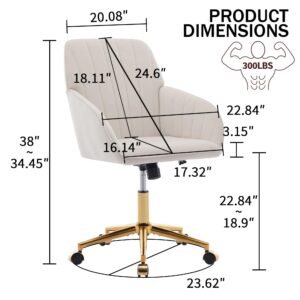 YISHENG Velvet Home Office Chairs with Gold Base Upholstered Tufted Modern Height Adjustable 360 Degree Swivel Desk Chairs with Wheels, Vanity Chairs for Living Room, Bedroom,Study Room (Cream)