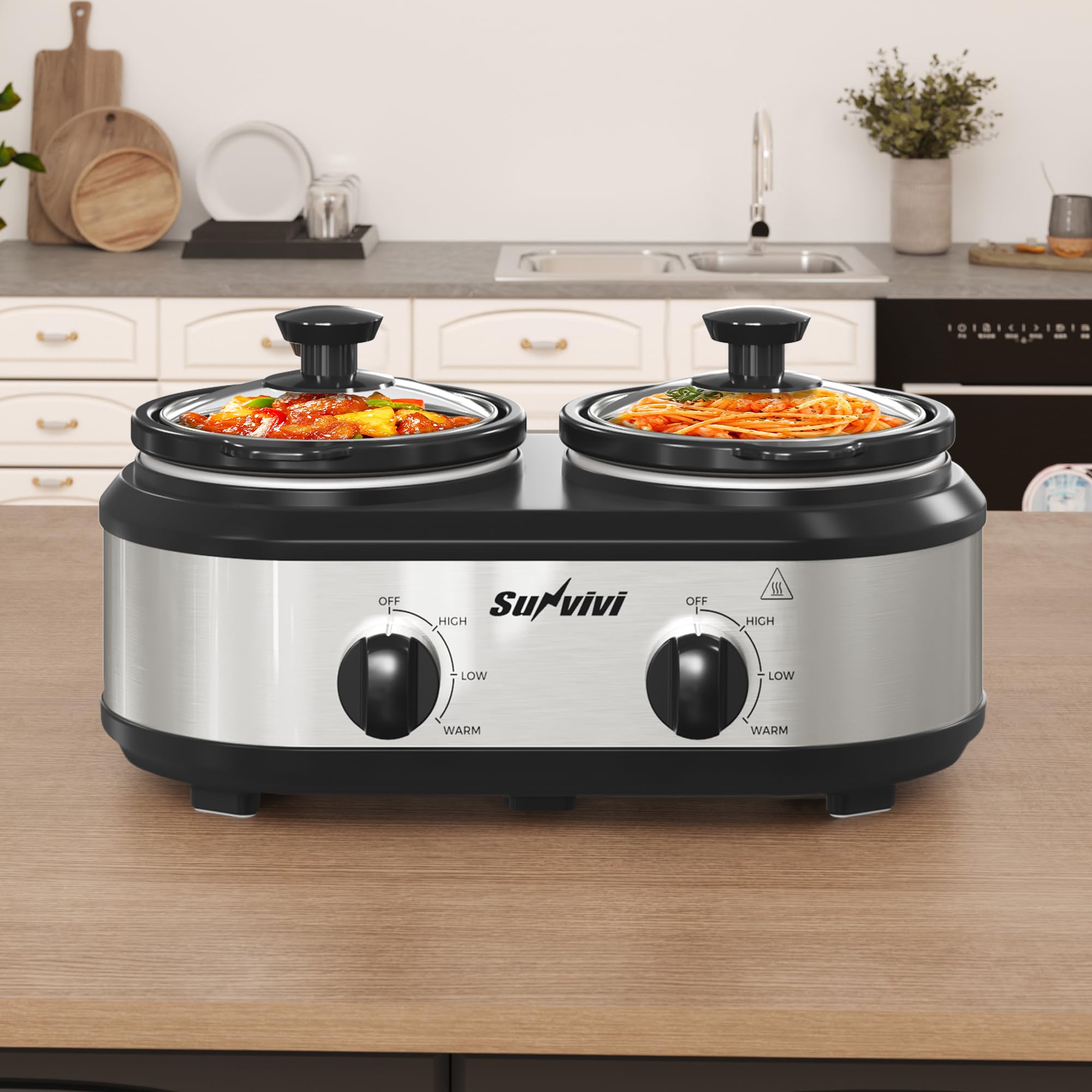 Sunvivi Dual Slow Cooker, Buffet Server and Food Warmer, Small Mini Pot with 3 Adjustable Temp & 2 Visible Glass Lids, for Parties, Holidays and Entertaining, Stainless Steel, Total 2.5 QT