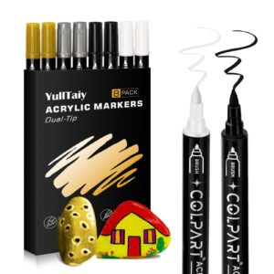 yulltaiy dual tip acrylic paint pens markers, 8 pack black white silver gold paint pens for wood, canvas, stone, rock painting, glass, ceramic surfaces, diy art supplies (4 color)