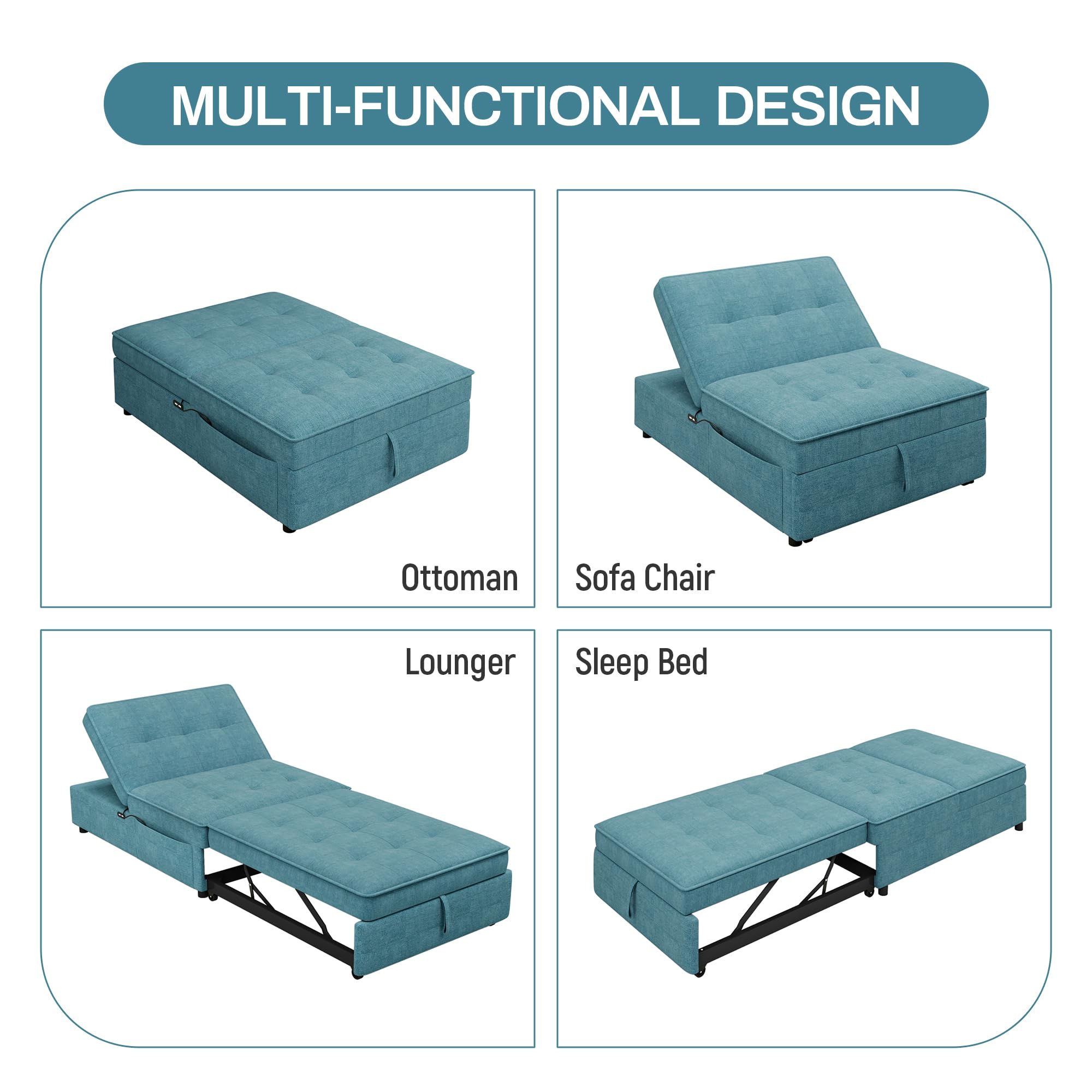 4-in-1 Sofa Bed Chair Multi-Function Folding Ottoman Bed with Storage Pocket and USB Port, Convertible Lounge Sofa Chairs for Living Room, Bedroom (Teal)