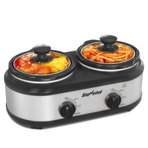 sunvivi dual slow cooker, buffet server and food warmer, small mini pot with 3 adjustable temp & 2 visible glass lids, for parties, holidays and entertaining, stainless steel, total 2.5 qt