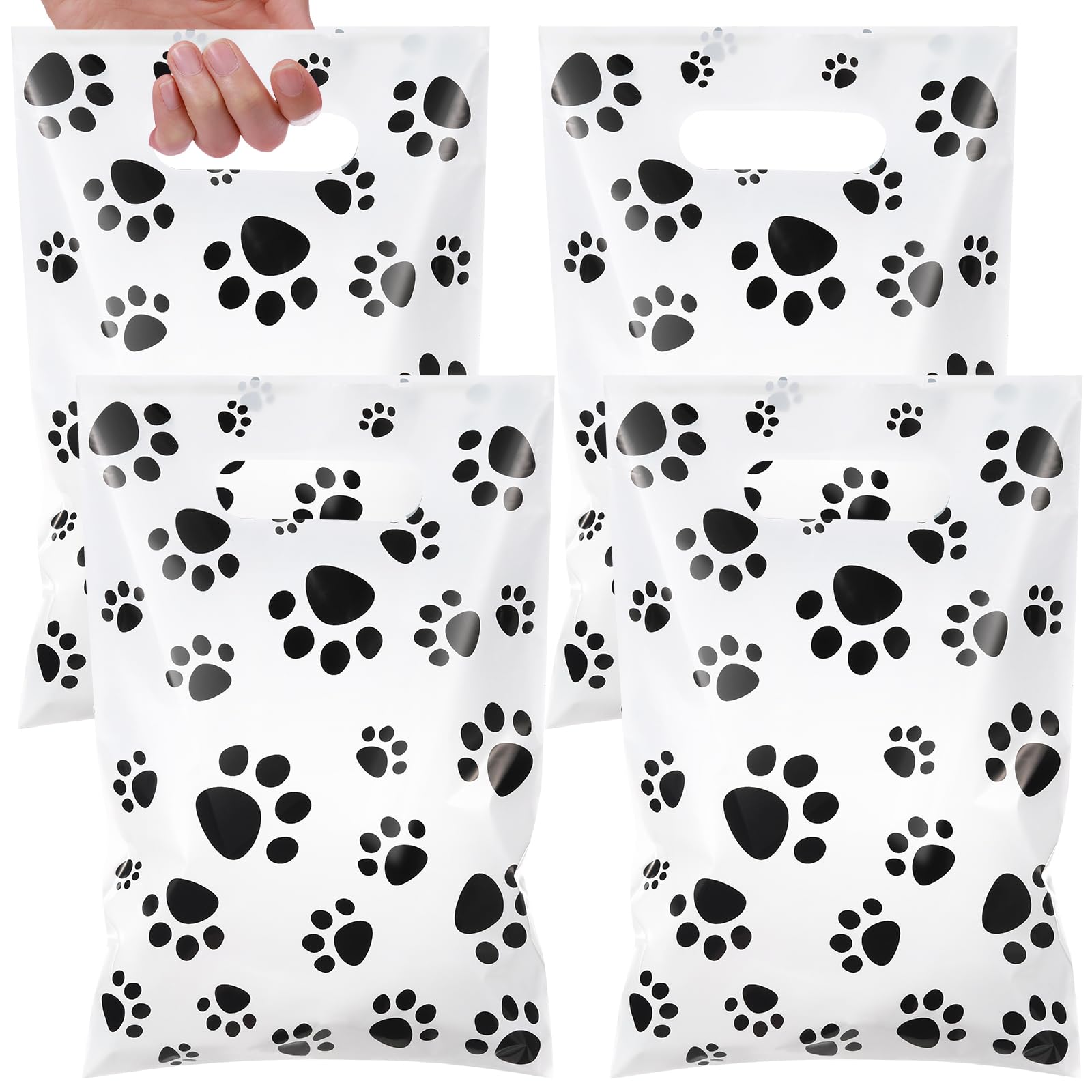 Pasimy 100 Pcs Paw Gift Bags Bulk Pet Plastic Treat Bags Paw Print Favor Bags with Handle Dog Paw Candy Bags Puppy Dogs Goodie Bags Paw Printed Treat Bags for Dog Birthday Party Supplies (White)