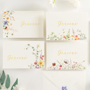 crisky gracias cards spanish thank you cards 4 assortment, printable watercolor wildflowers (50 cards with envelopes for birthday, baby shower, bridal shower, wedding, all occasion)