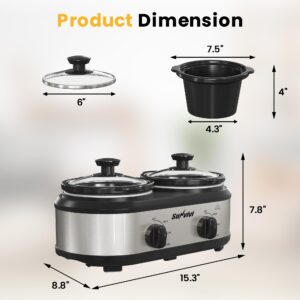 Sunvivi Dual Slow Cooker, Buffet Server and Food Warmer, Small Mini Pot with 3 Adjustable Temp & 2 Visible Glass Lids, for Parties, Holidays and Entertaining, Stainless Steel, Total 2.5 QT