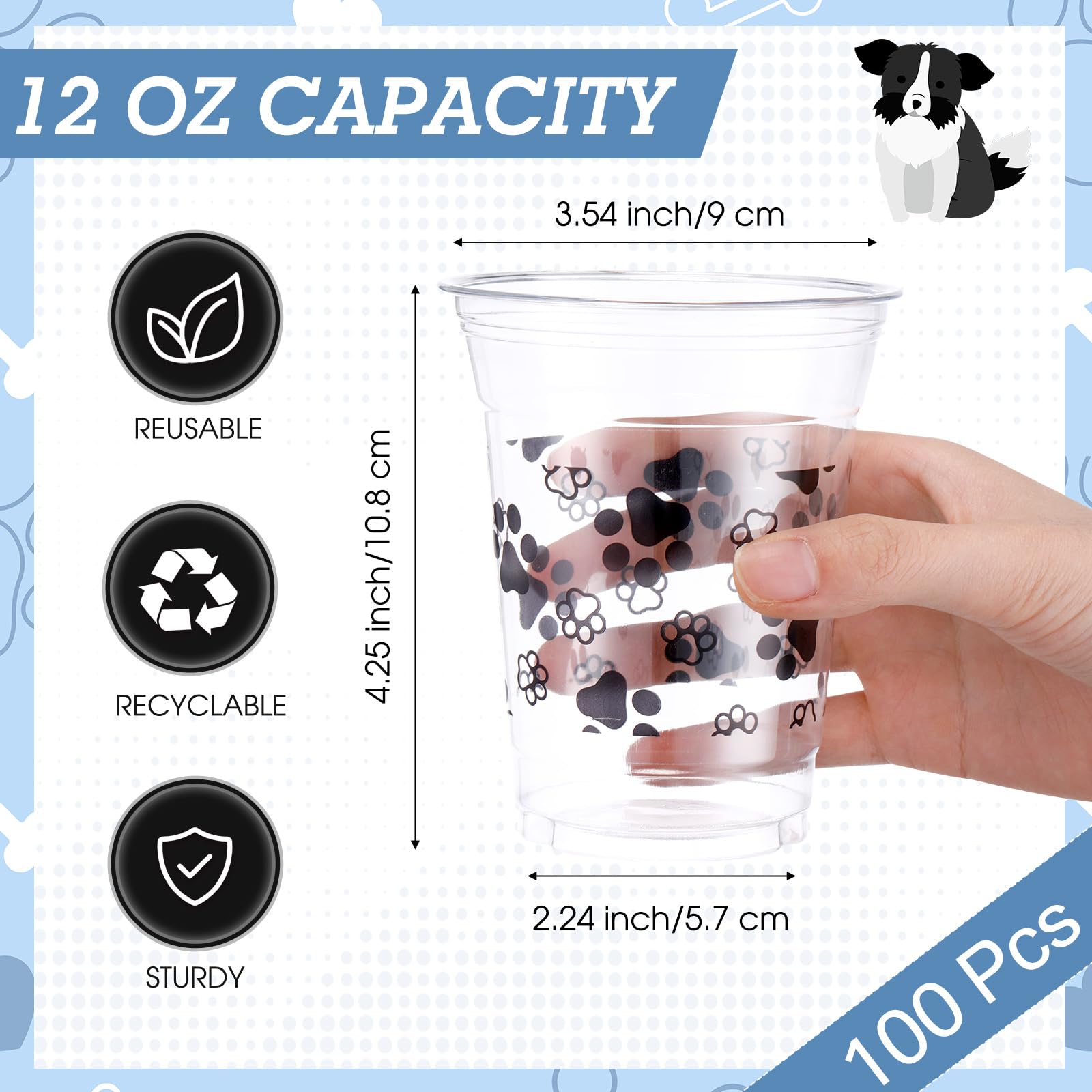 SiliFine 100 Pcs Dog Party Cups Bulk Puppy Paw Print Themed Cups 12 oz Disposable Clear Plastic Birthday Party Cups for Ice Coffee, Smoothie, Juice, Baby Shower Classroom Party Supplies