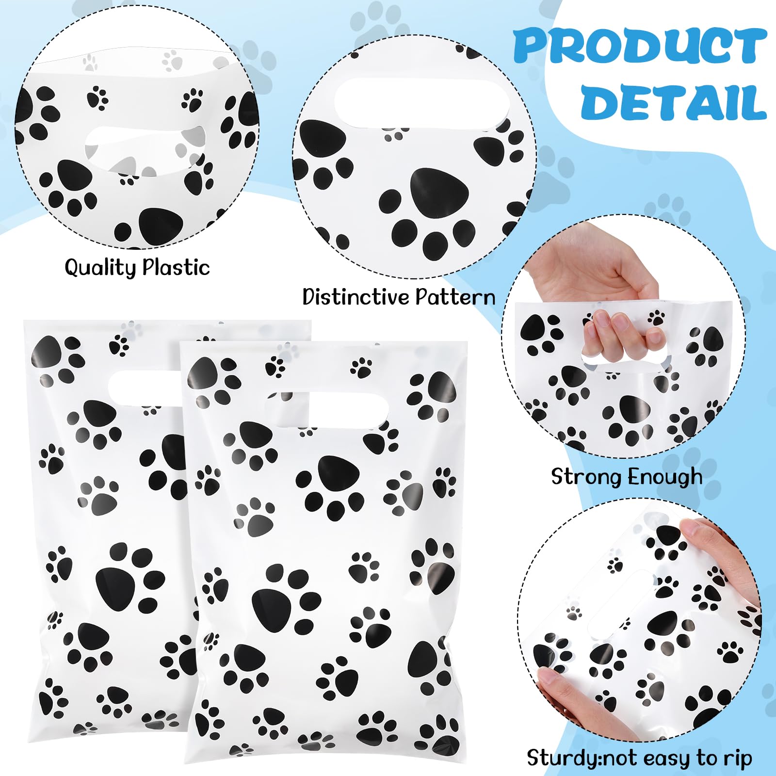 Pasimy 100 Pcs Paw Gift Bags Bulk Pet Plastic Treat Bags Paw Print Favor Bags with Handle Dog Paw Candy Bags Puppy Dogs Goodie Bags Paw Printed Treat Bags for Dog Birthday Party Supplies (White)