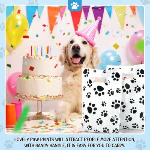 Pasimy 100 Pcs Paw Gift Bags Bulk Pet Plastic Treat Bags Paw Print Favor Bags with Handle Dog Paw Candy Bags Puppy Dogs Goodie Bags Paw Printed Treat Bags for Dog Birthday Party Supplies (White)