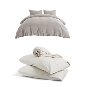 bedsure bundle of linen cotton blend duvet cover set and 100% cotton sheet set, queen size