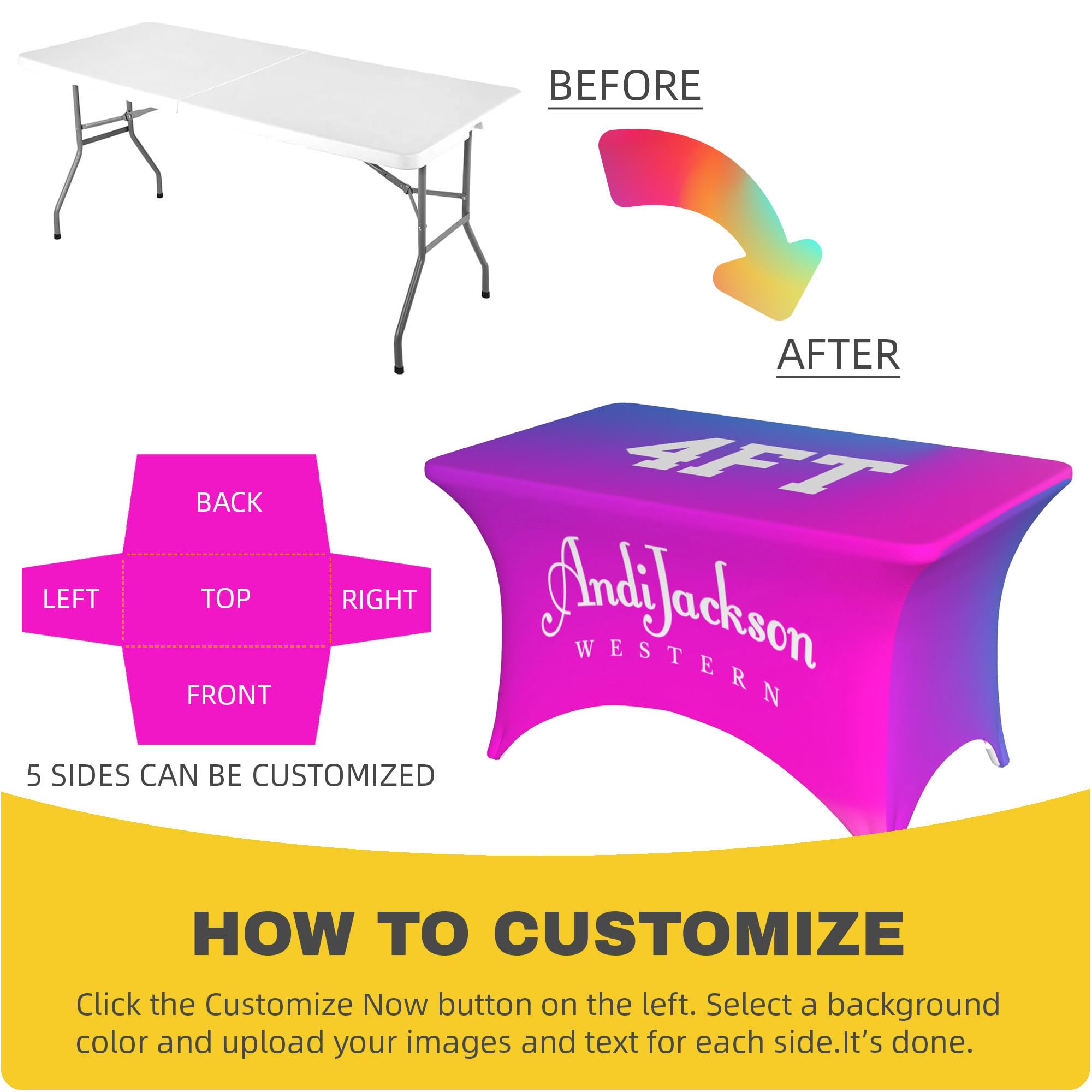 Custom Table Cloth Cover with Business Logo Text, Personalized Stretch Spandex Table cloth for Business Tradeshow Events, Customized Table Cloth for Birthday Wedding Anniversary Decoratio (6FT)