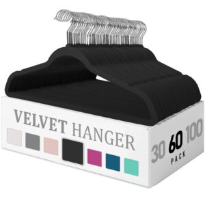 flysums premium velvet hangers 60 pack clothes hangers, heavy duty study black hangers for coats, pants dress,non slip clothes hanger set,space saving felt hangers for clothing