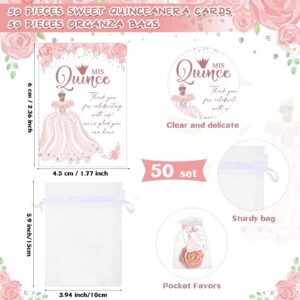 Wenqik 50 Sets Quinceanera Party Favors for Guests 50 Rose Design Compact Pocket Mirrors 50 Quinceanera Cards Thank You Gift and Organza Bags Sweet 15 Mis Quince Birthday Sweet Party Favor(Pink)