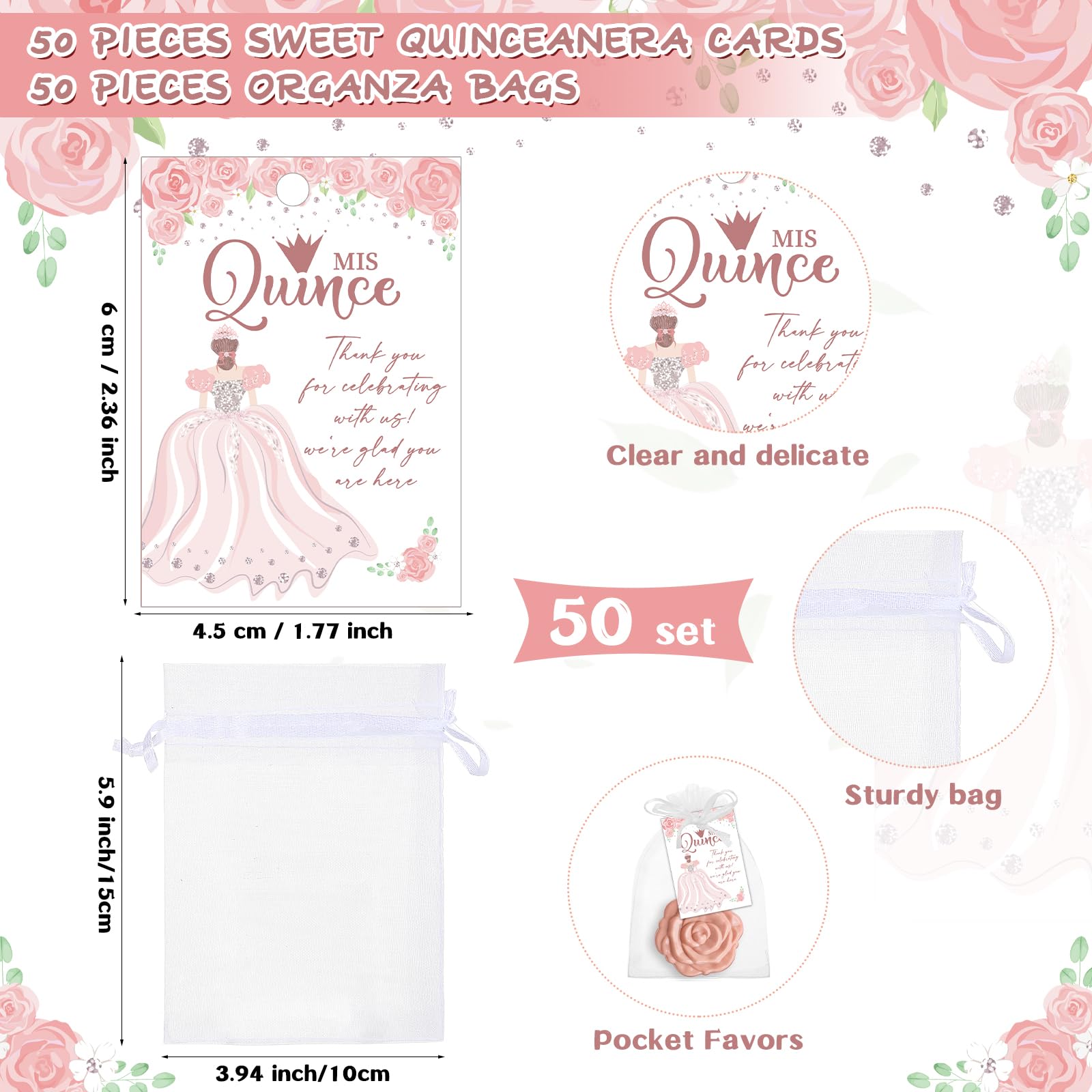 Wenqik 50 Sets Quinceanera Party Favors for Guests 50 Rose Design Compact Pocket Mirrors 50 Quinceanera Cards Thank You Gift and Organza Bags Sweet 15 Mis Quince Birthday Sweet Party Favor(Pink)