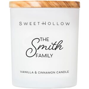 sweethollow personalized candle gift with family last name, custom holiday present, highly scented & long lasting coconut wax luxury candle, customizable, large, vanilla cinnamon fragrance