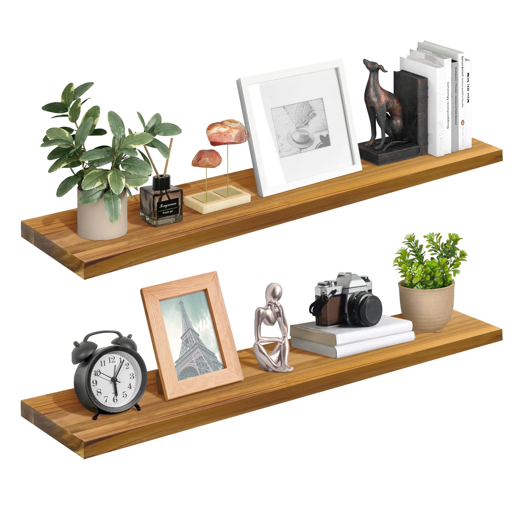 ILOT Teak Wood Floating Shelves Perfect for Bathroom Décor Pack of 2 Wooden Wall Shelves for Bedroom Living Room Kitchen Simple Minimalist Home Décor 36” x 6.7”