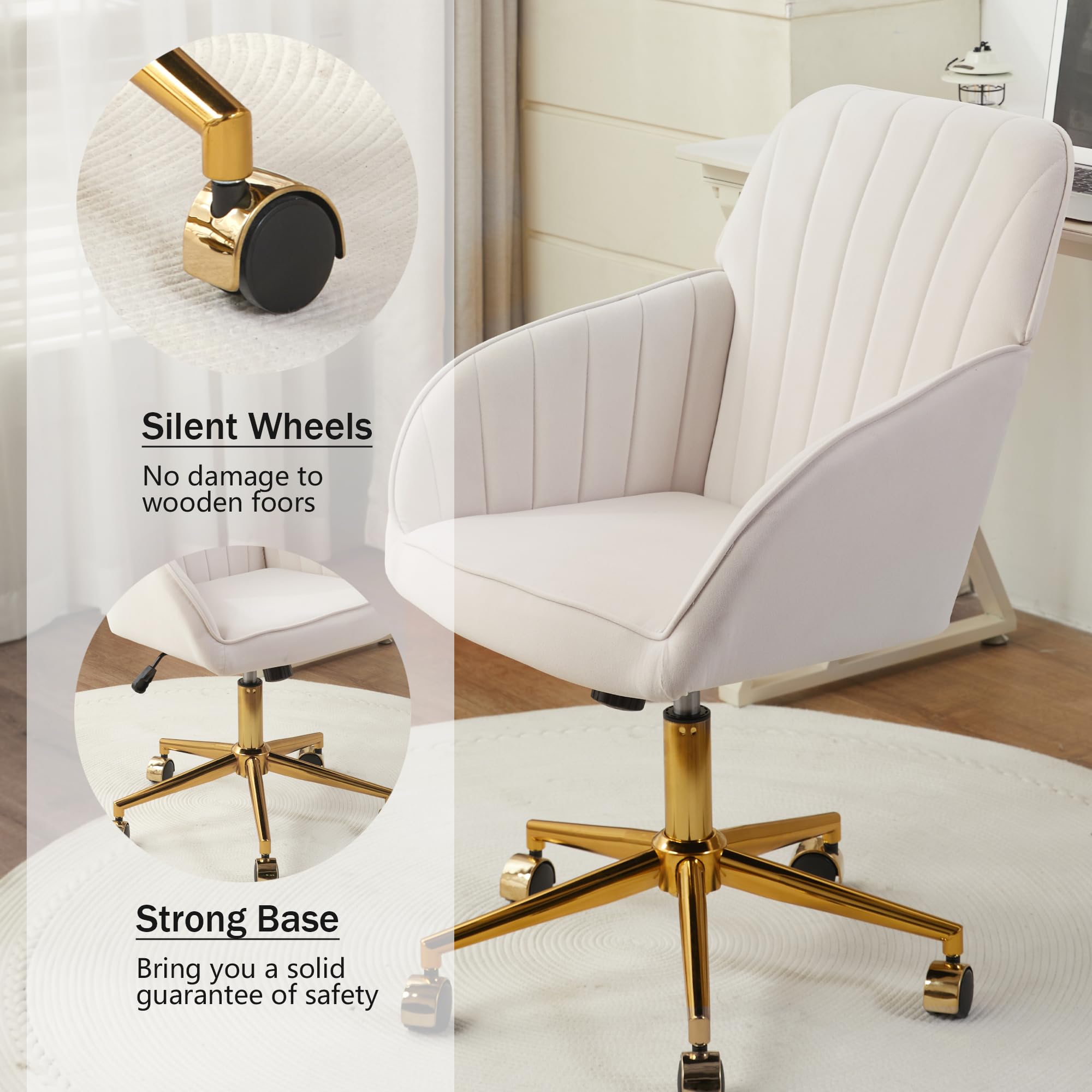 YISHENG Velvet Home Office Chairs with Gold Base Upholstered Tufted Modern Height Adjustable 360 Degree Swivel Desk Chairs with Wheels, Vanity Chairs for Living Room, Bedroom,Study Room (Cream)