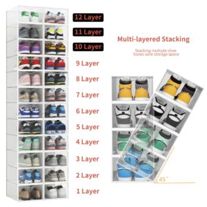 12 Pack Shoe Storage Bins, Clear Plastic Stackable Shoe Organizer for Closet, Space Saving Foldable Shoe Rack, Shoe Box Sneaker Holder Container