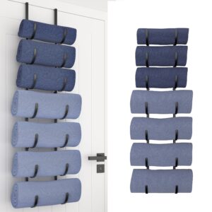 xrmao over the door towel racks with adjustable door hooks, metal wall mounted towel holder,7-tier rolled towel organizer for bathroom, laundry room, black