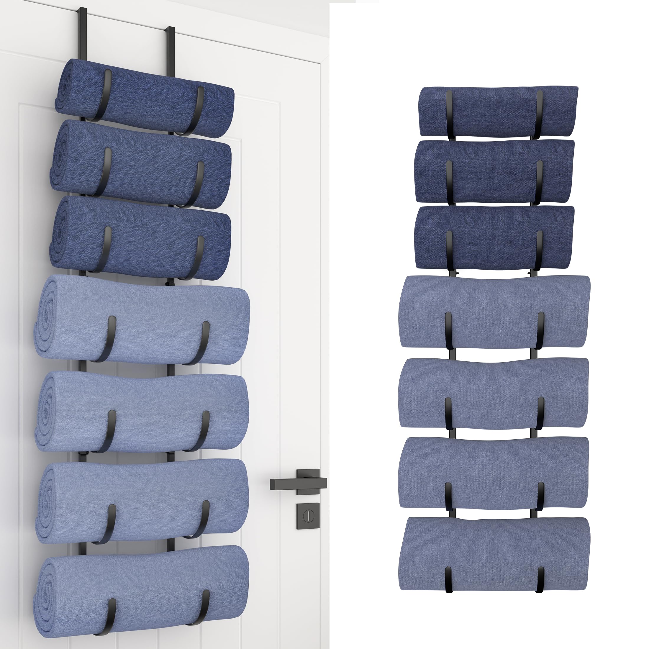 XRMAO Over The Door Towel Racks with Adjustable Door Hooks, Metal Wall Mounted Towel Holder,7-Tier Rolled Towel Organizer for Bathroom, Laundry Room, Black