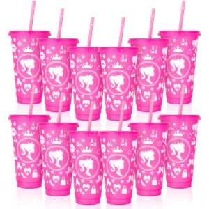 xlsxexcl 12 pcs plastic cups with lids and straws glitter tumbler 24 oz travel mug cup plastic drinking cups for juices parties birthdays party bachelor party (hot pink)