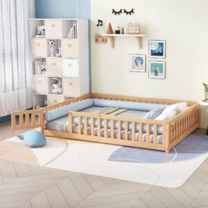 dolonm queen size montessori floor bed with safety guardrails, wood floor bed frame with door and wood slats, children floor platform bed for girls boys, natural