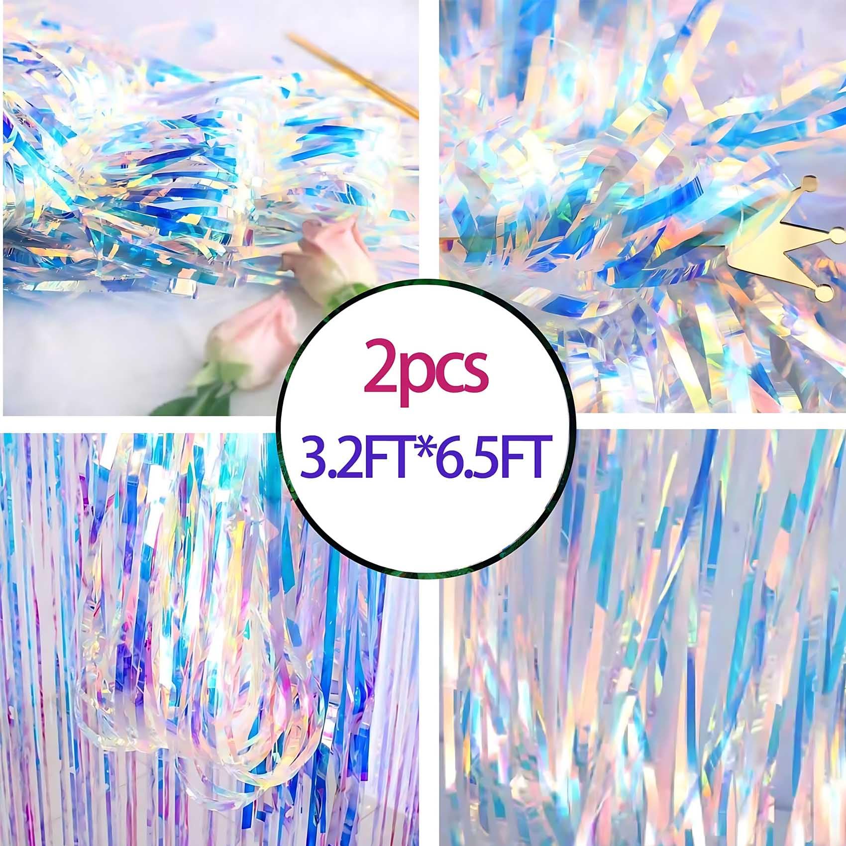 BRZIKWT 2 Pcs Iridescent Transparent Foil Curtain Tinsel Backdrop Beautiful Neon Clear Streamers Backdrops-Rainbow Photoshoot Streamers for Party Decorations(3.2 ft x 6.5 ft)